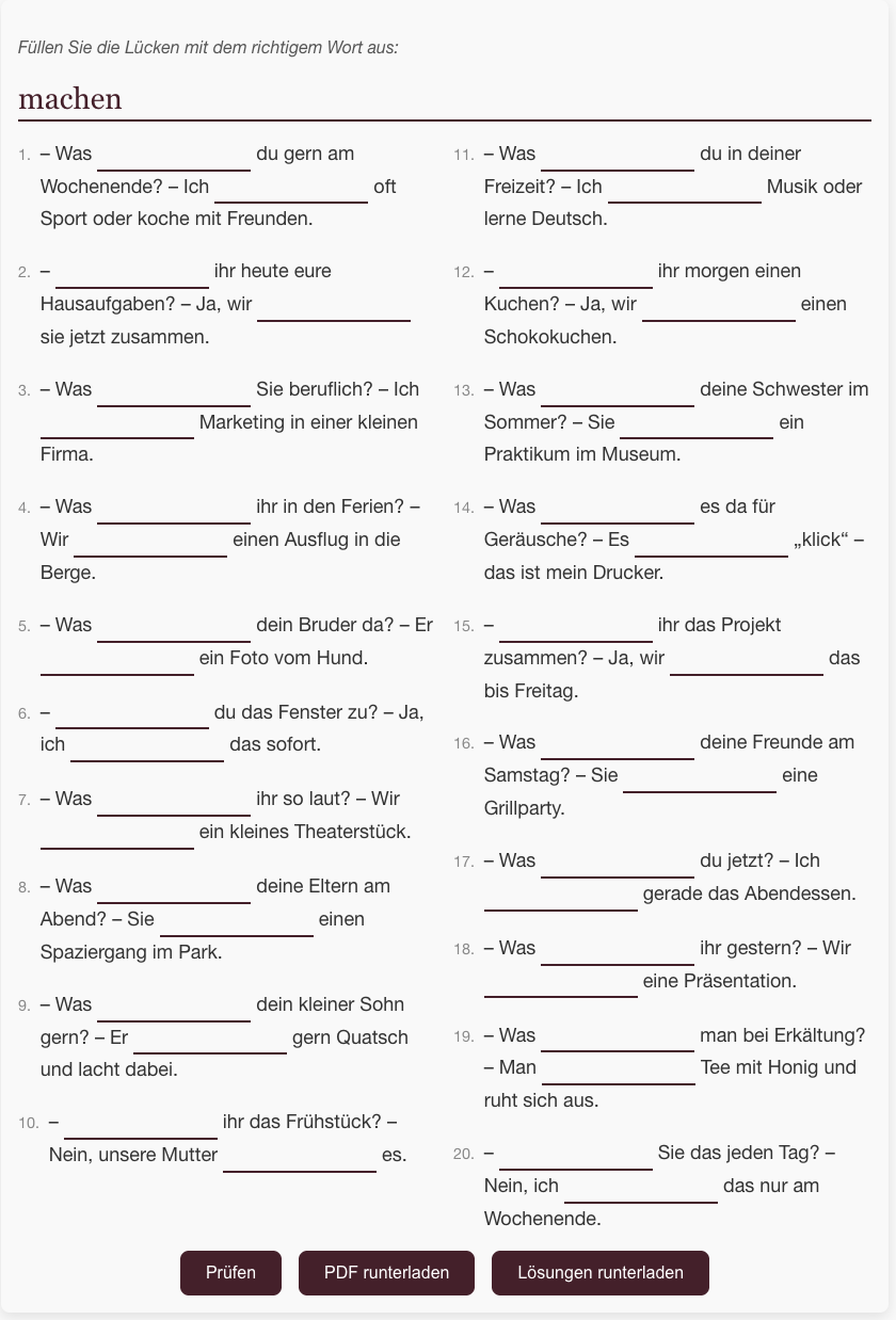A1 Grammatik – Verb „machen“ in allen Formen