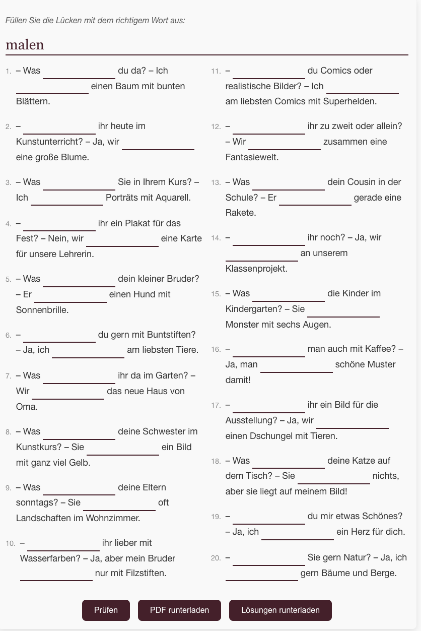 A1 Grammatik – Verb „malen“ : 20 Mini-Dialoge mit Lücken