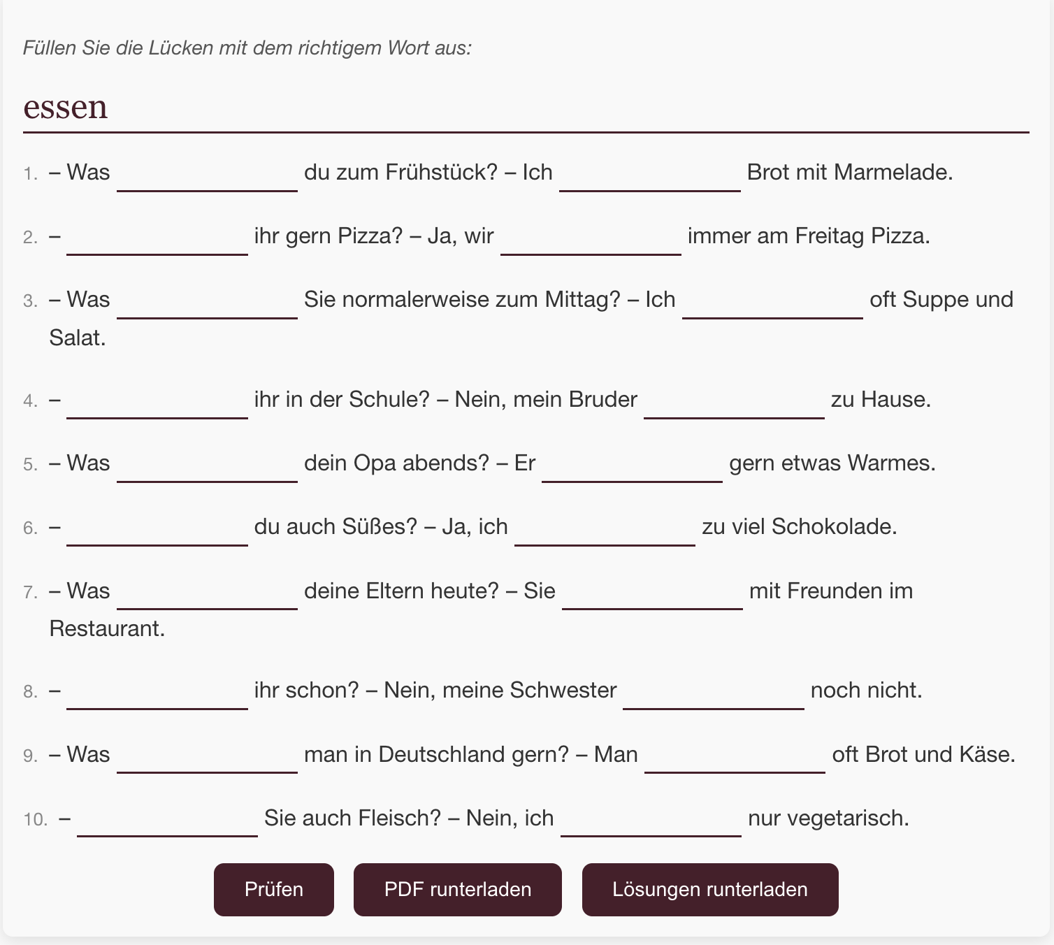 A1 Grammatik – Verb „essen“: 10 Mini-Dialoge mit Lücken