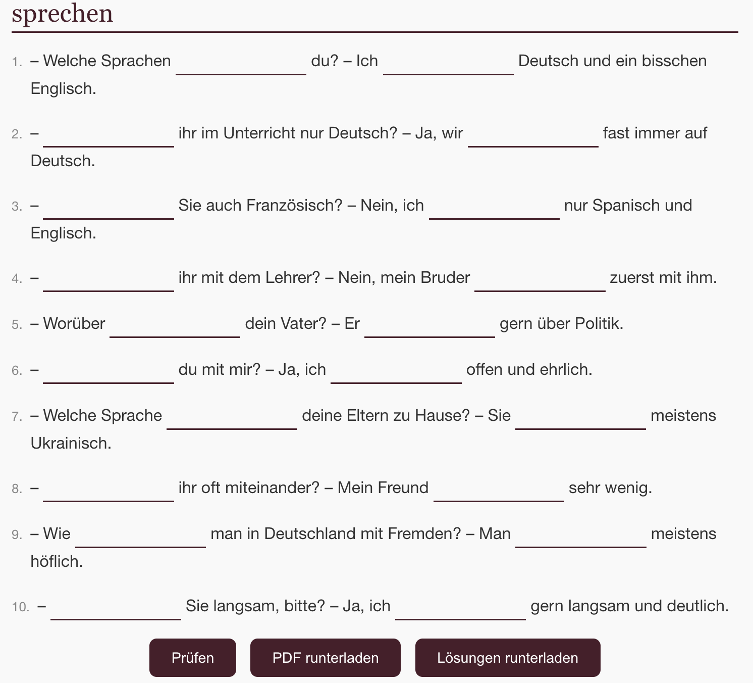 A1 Grammatik – Verb „sprechen“: 10 Mini-Dialoge mit Lücken