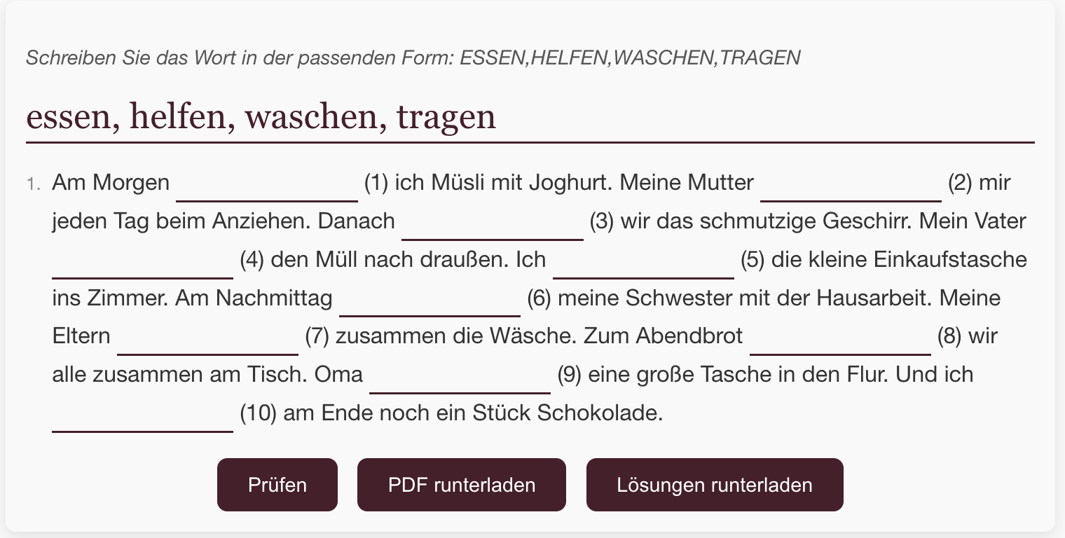 A1 Grammatik – Verben „essen, helfen, waschen, tragen“ üben