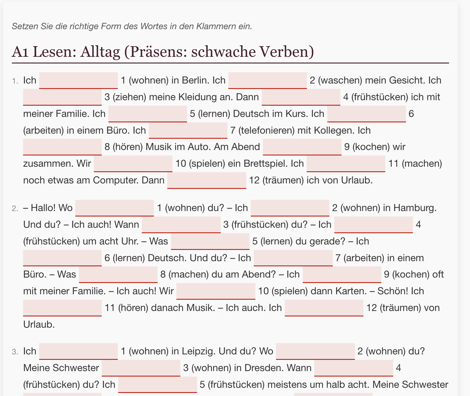 Grammatik im Kontext – Präsens schwache Verben A1