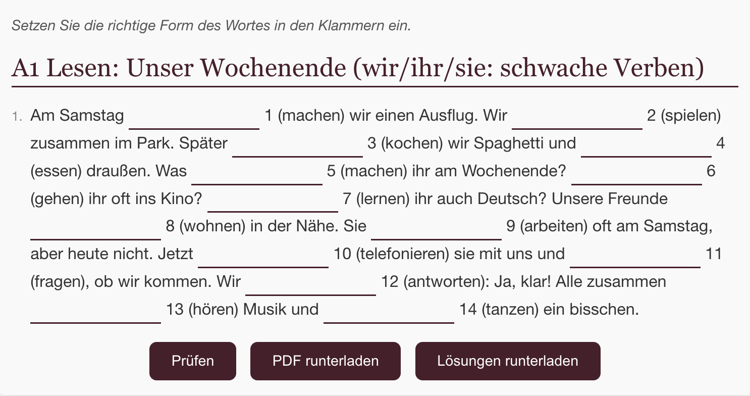 Grammatik im Kontext – Präsens schwache Verben A1