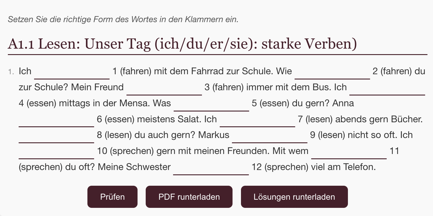 Grammatik im Kontext – Präsens starke Verben A1
